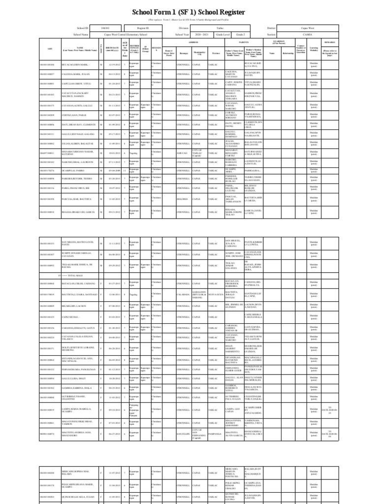 School Form 1 (SF 1) School Register | PDF