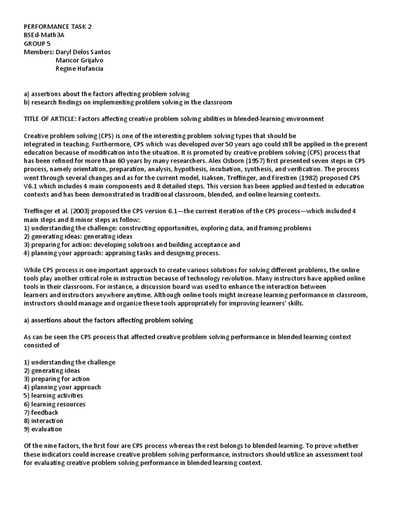 Performance Task 3 Factors Affecting Problem Solving | PDF | Learning ...