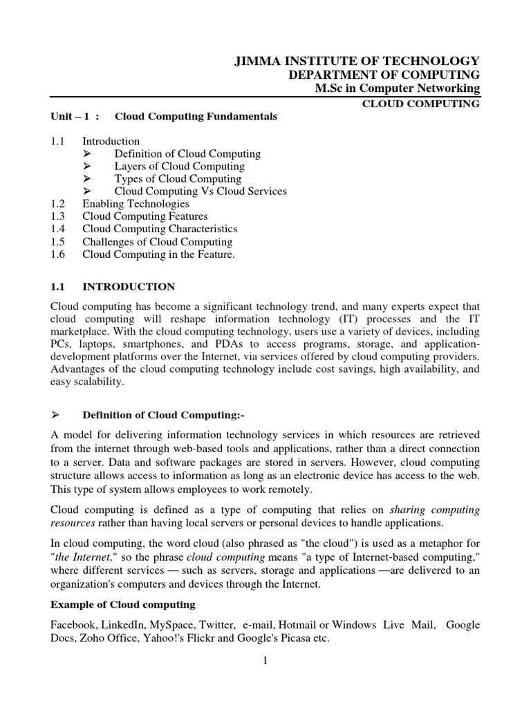 Jimma Institute of Technology: Cloud Computing Unit - 1: Cloud Computing Fundamentals | PDF ...