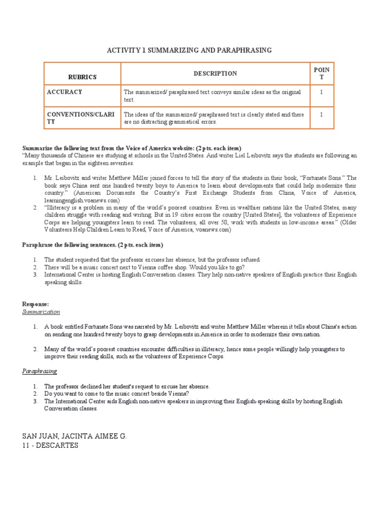 Activity 1 Summarizing and Paraphrasing | PDF | Cognition | Linguistics