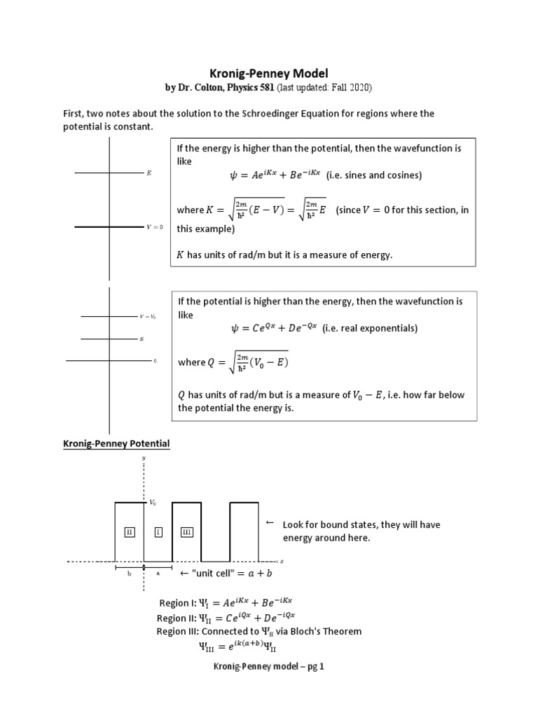 Kronig Penney Model: by Dr. Colton, Physics 581 (Last Updated: Fall 2020) | PDF | Mathematical ...