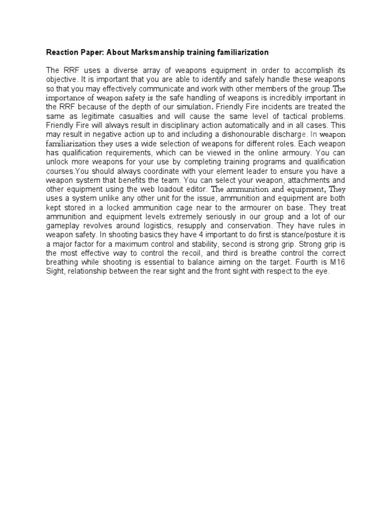 Reaction Paper: About Marksmanship Training Familiarization | PDF