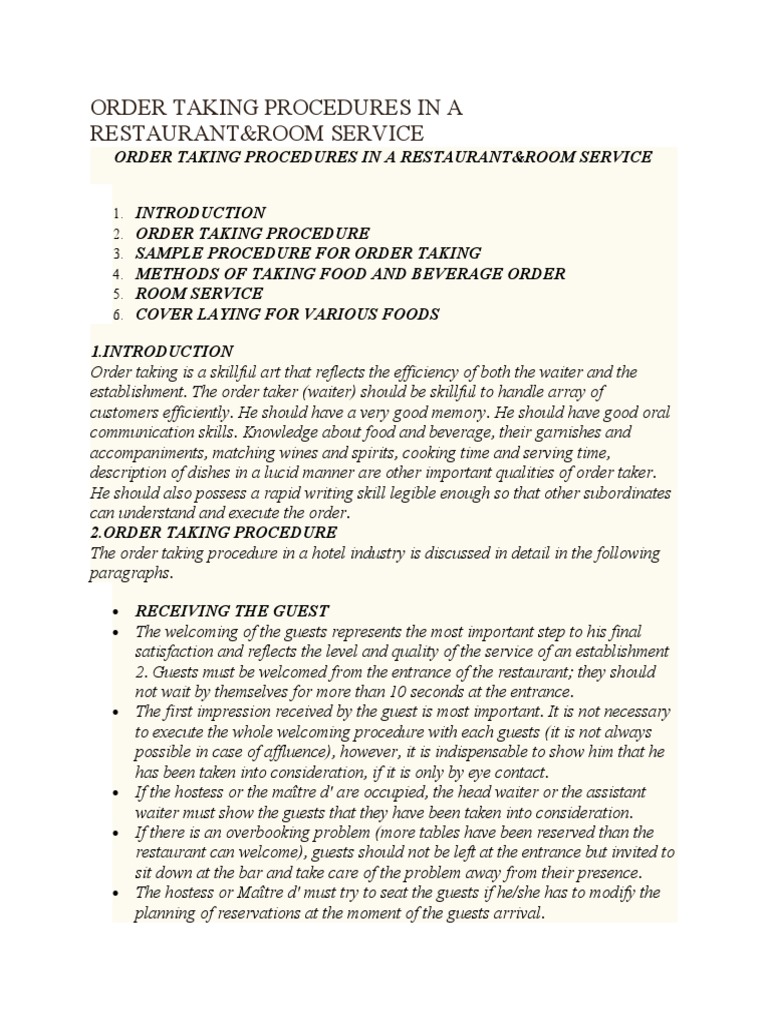 Order Taking Procedures in A Restaurant | PDF | Waiting Staff | Hors D ...
