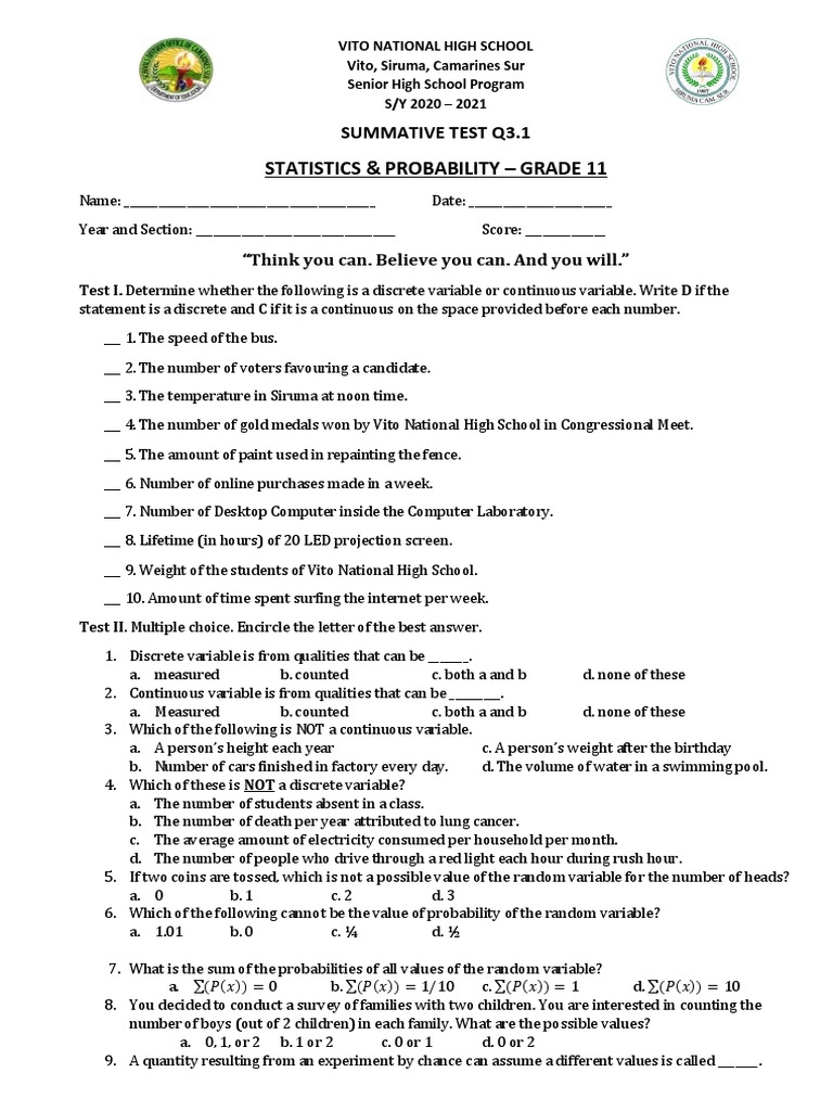 Summative Test Q3.1 (Stat & Prob) | PDF | Statistics | Probability ...