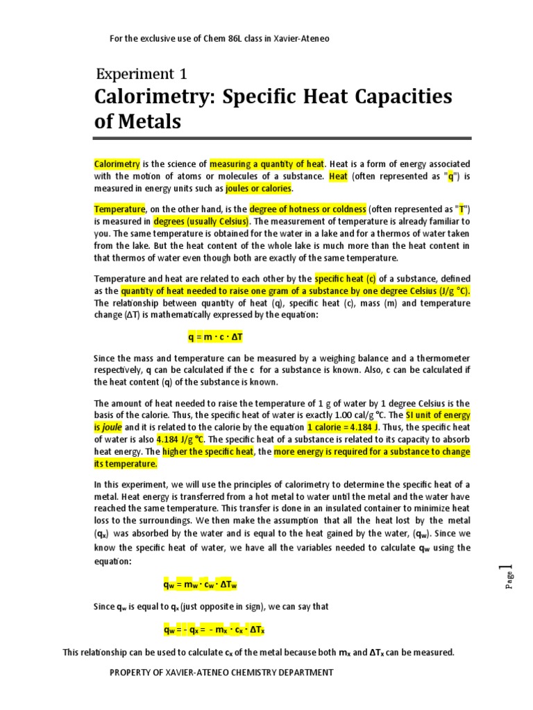 Calorimetry Lab: Specific Heat of Metals | PDF | Heat | Calorie