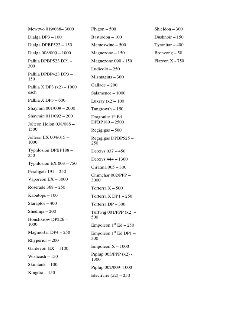 Pokemon Cards Price List | PDF