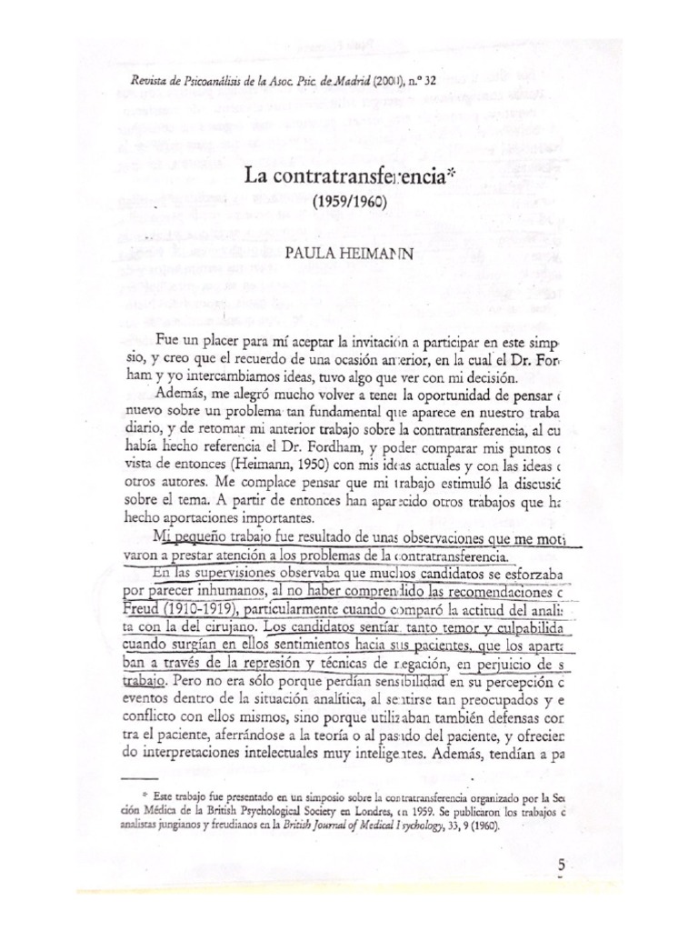 Paula Heimann "La Contratransferencia" (1959 - 1960) | PDF