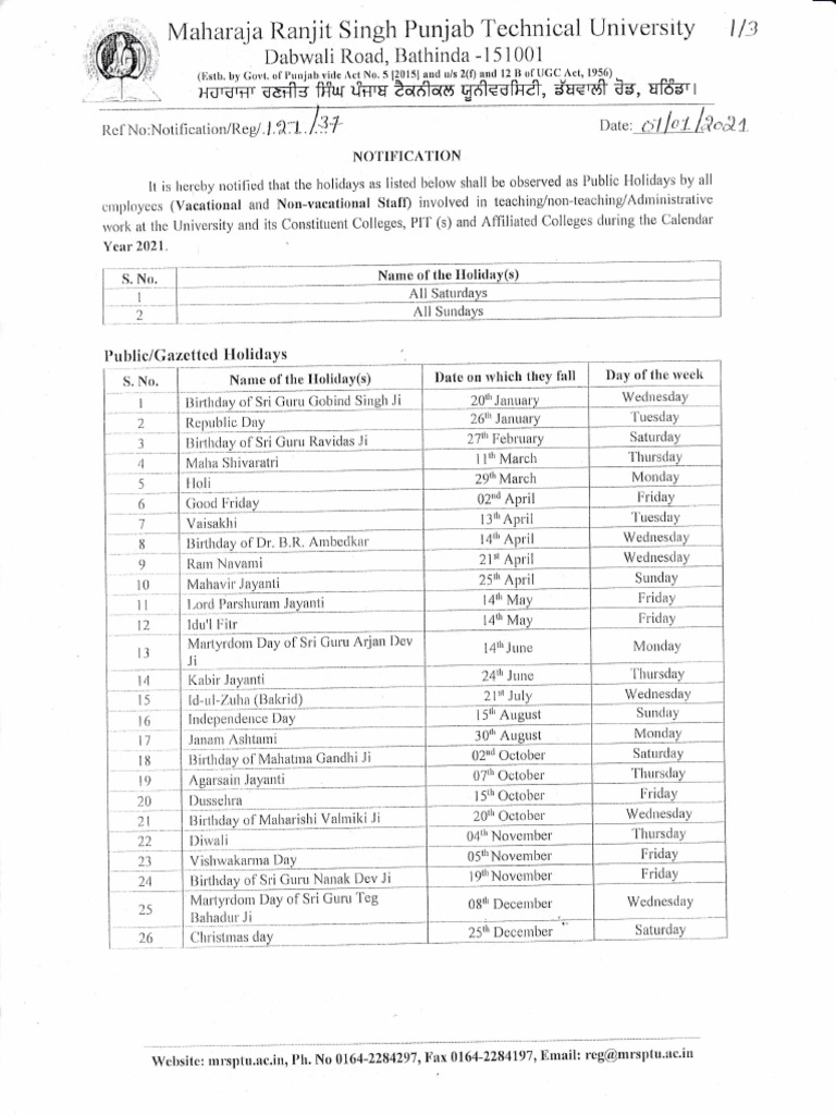 MRSPTU Holiday Calendar 2021 | PDF