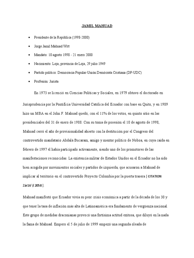 Biografìa Jamil Mahuad | PDF | Ecuador | Gobierno