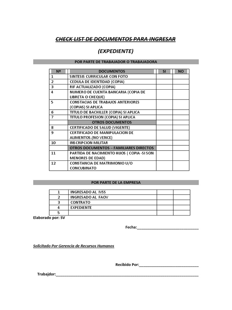 Check List de Documentos para Ingresar | PDF