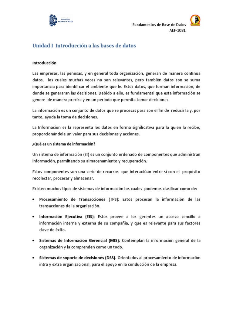 Unidad I Introducción A La Bases de Datos | PDF | Bases de datos | Base ...