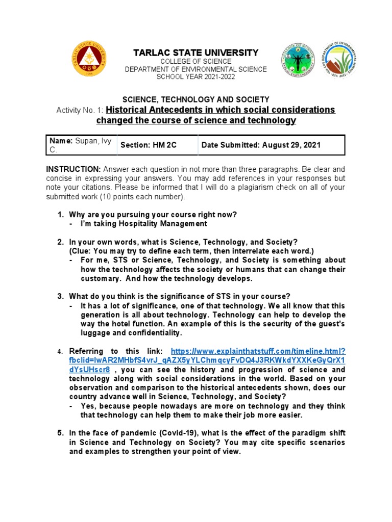 STS - Activity 1 - Supan, Ivy C. | PDF | Science | Cognition