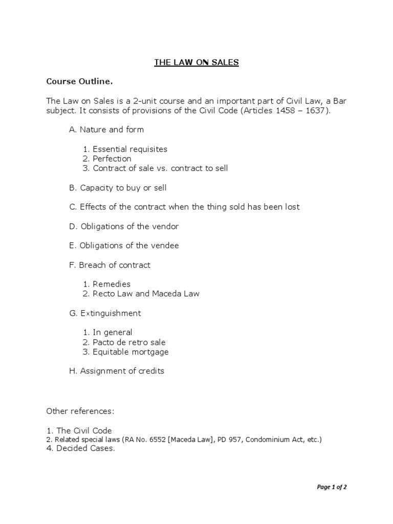 LAW ON SALES Course Outline | PDF