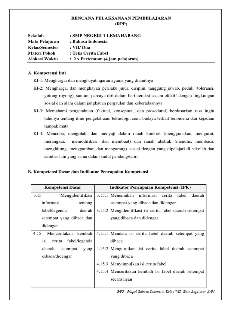 RPP - Mapel Bahasa Indonesia Kelas VII, Dian Supriatin, S.PD | PDF