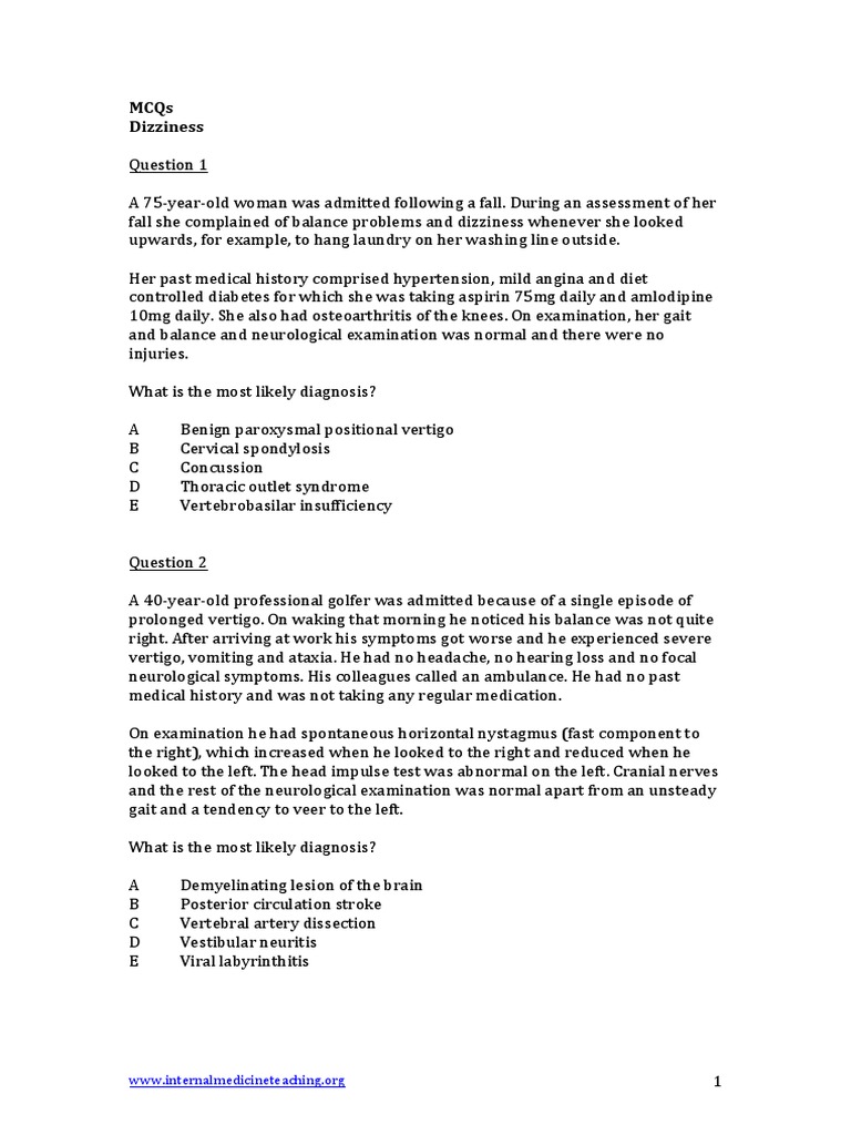 Assessing Dizziness: A Series of Multiple Choice Questions on Common ...