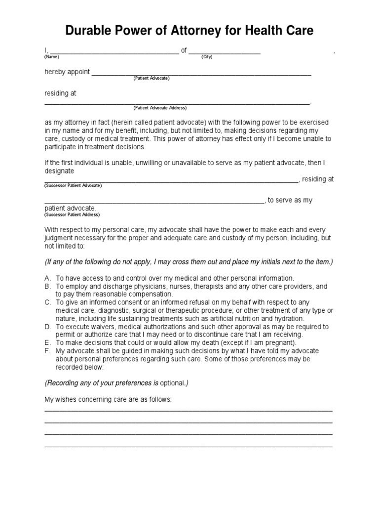 Durable Power of Attorney Form For Health Care | PDF | Power Of ...