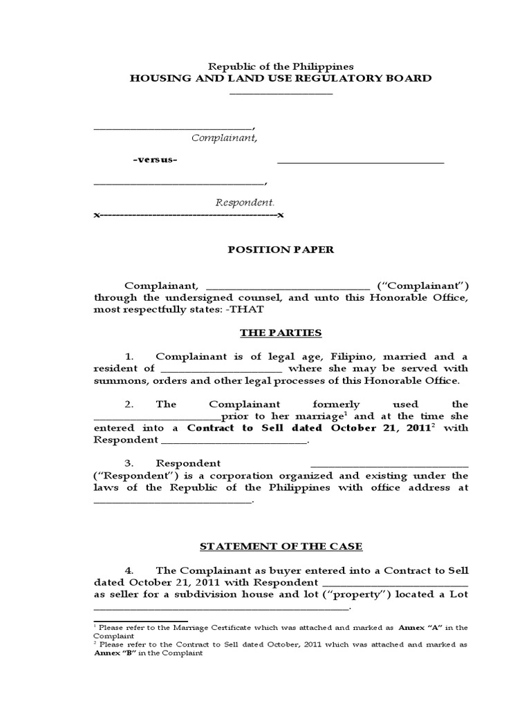 HLURB Position Paper Draft | PDF | Damages | Complaint