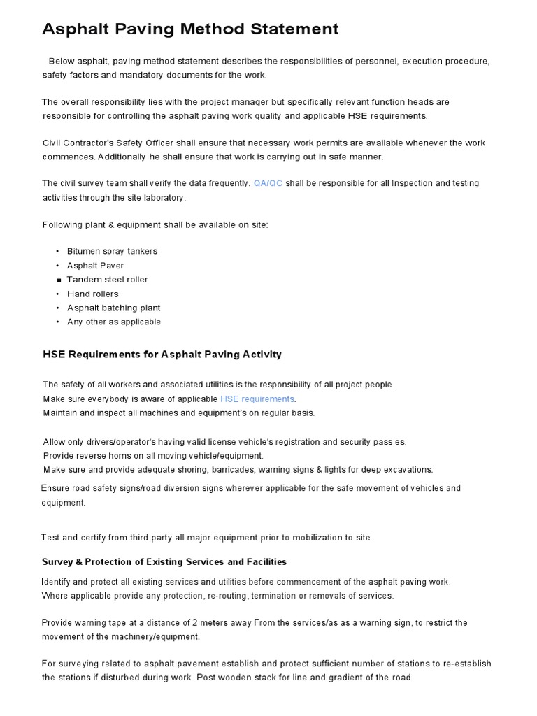 Method Statement Asphalt Paving | PDF | Road Surface | Asphalt
