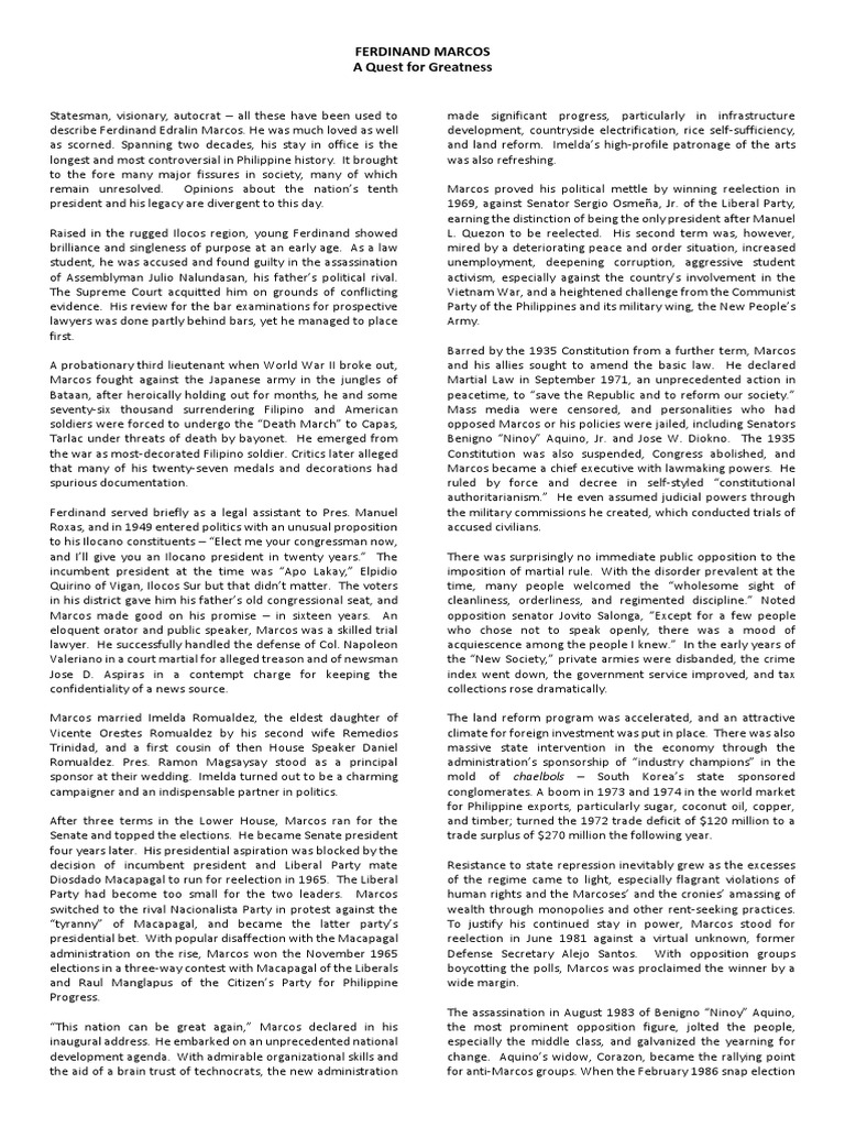 Ferdinand Marcos A Quest For Greatness | PDF | Corazon Aquino | Philippines