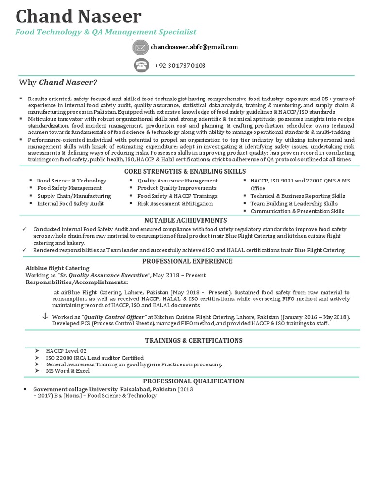 Chand Naseer New CV Format | PDF | Food Safety | Hazard Analysis And ...