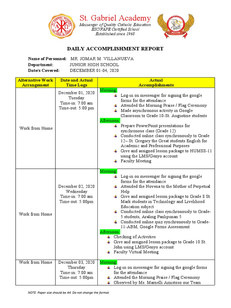 St. Gabriel Academy: Daily Accomplishment Report | PDF