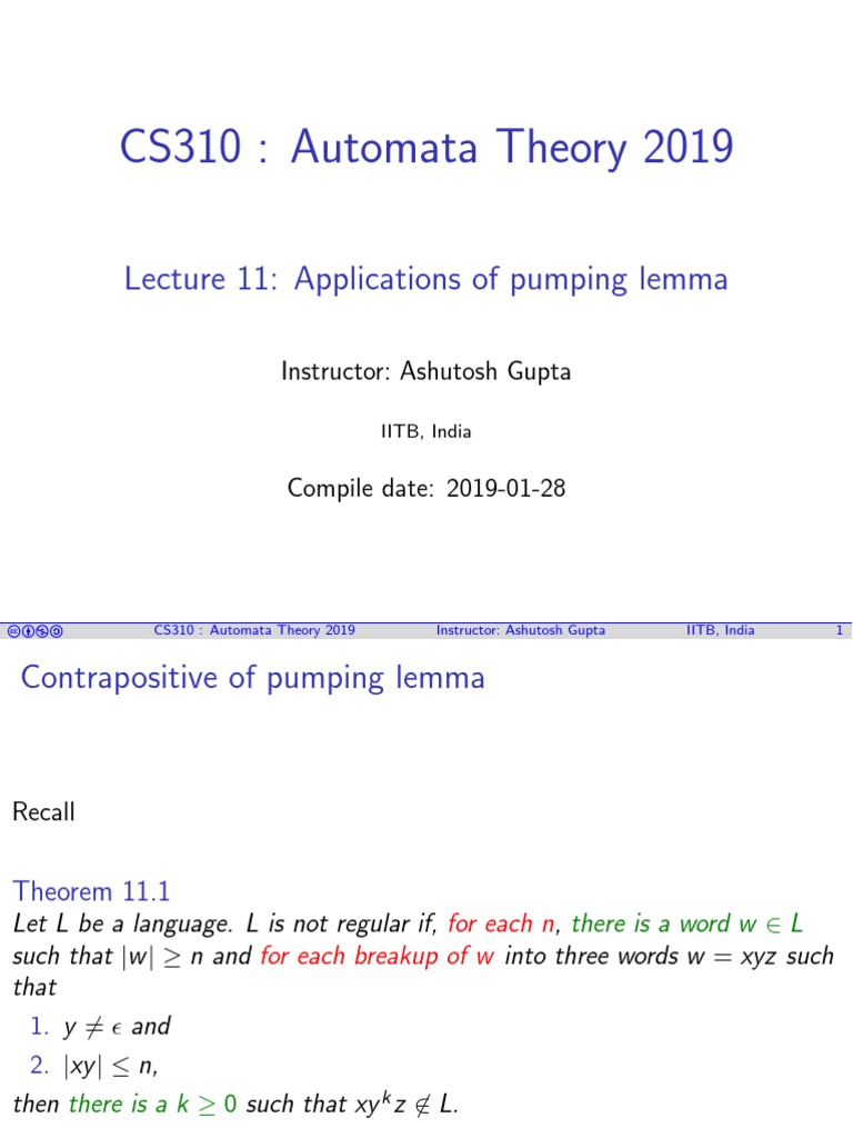Cs310 Automata Theory 2019 Lecture 11 Applications Of Pumping Lemma Pdf Theoretical