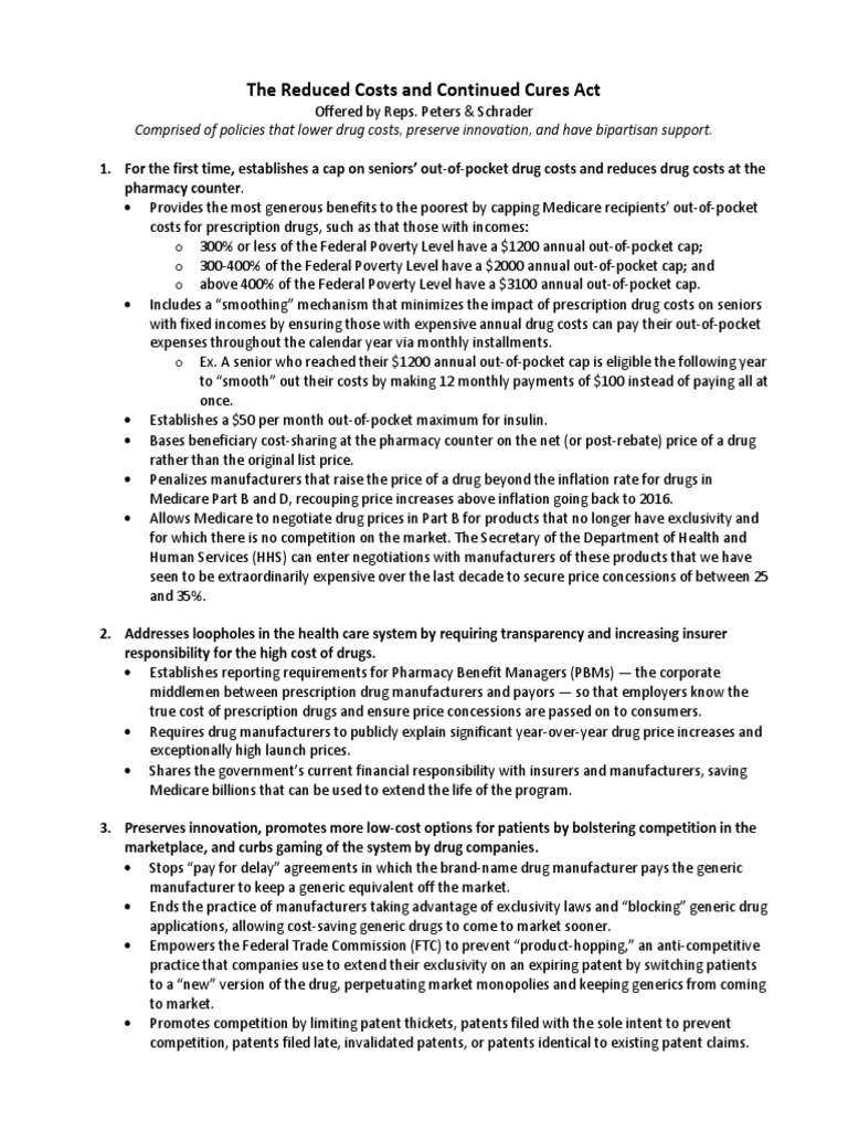 Peters, Schrader RCCCA - One Pager | PDF | Generic Drug | Medicare ...