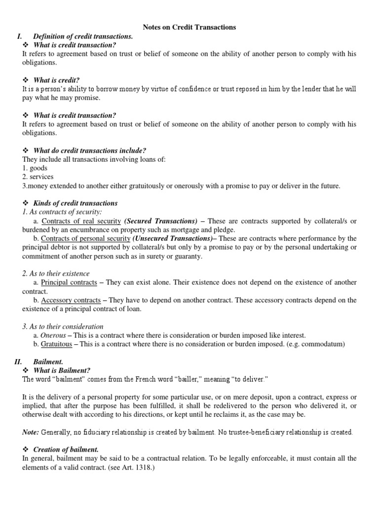 Understanding Credit Transactions And Bailment A Comprehensive