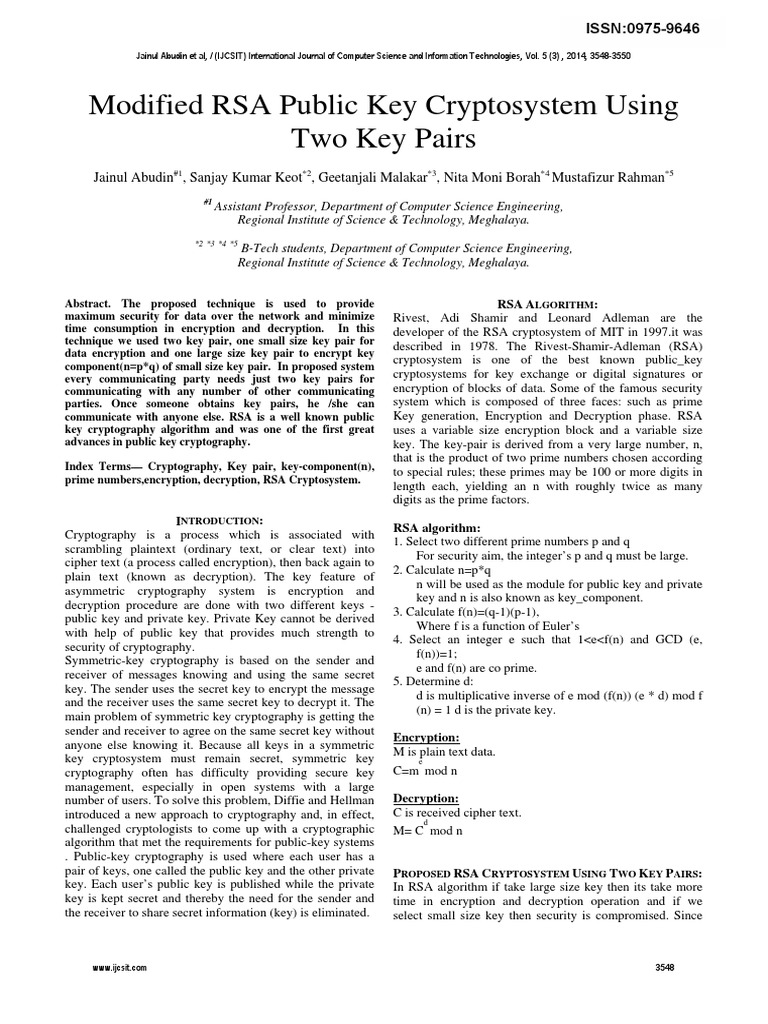 Modified RSA Public Key Cryptosystem Using Two Key Pairs | PDF | Public Key Cryptography | Key ...