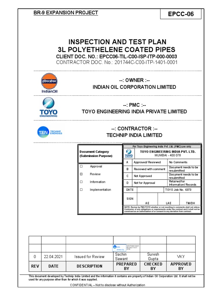 Inspection and Test Plan 3L Polyethelene Coated Pipes: EPCC-06 | PDF ...