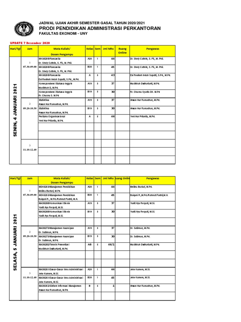 Jadwal UAS S1 P.ADP Sem Gasal 2020 2021 Update 7 Des | PDF