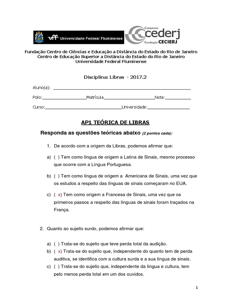 AP1 TEÓRICA LIBRAS 2017 - 2 - Gabarito | PDF | Linguagem de sinais | Surdez