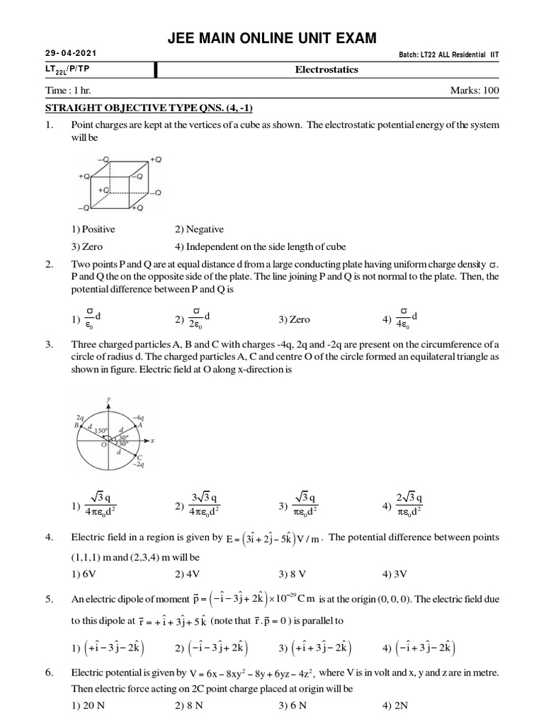 Jee Main Online Unit Exam: Straight Objective Type Qns. (4, - 1) | PDF ...