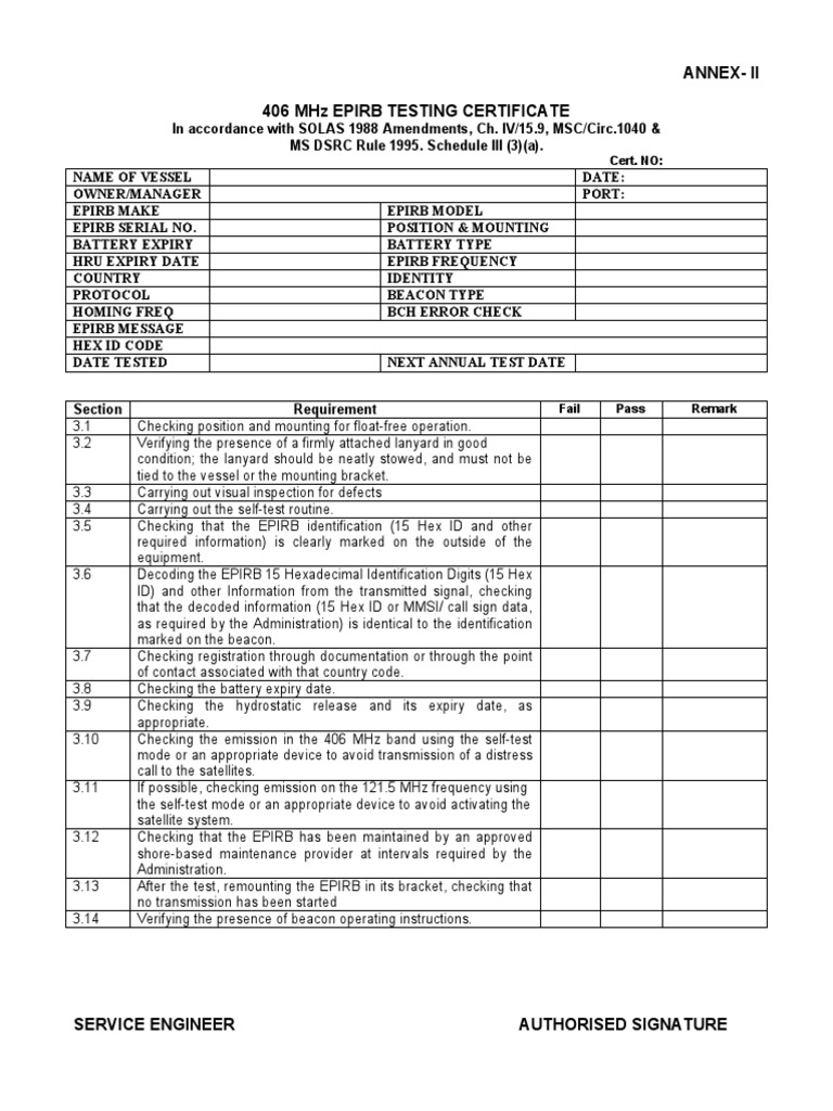 Annex-Ii 406 MHZ Epirb Testing Certificate: Cert. NO | PDF ...