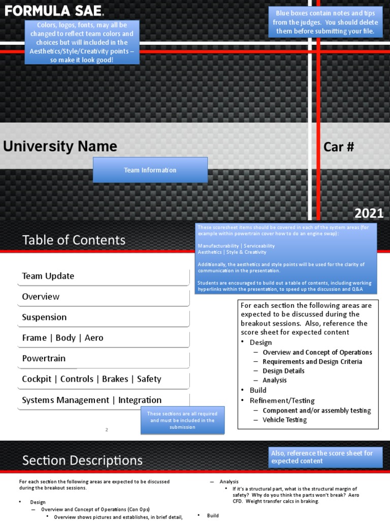 FSAE Design Judging Template | PDF | Design | Mechanical Engineering