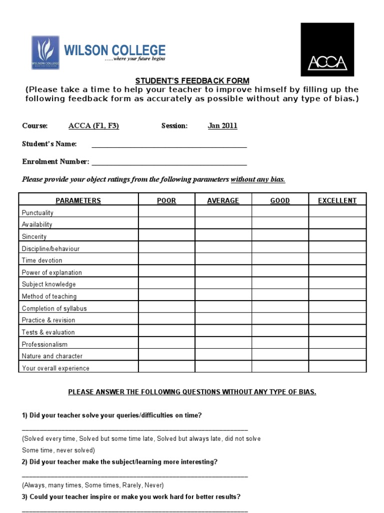 Student Feedback Form | PDF | Bias | Teachers