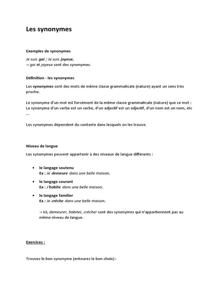 Les Synonymes | PDF | Nature (grammaire) | Syntaxe