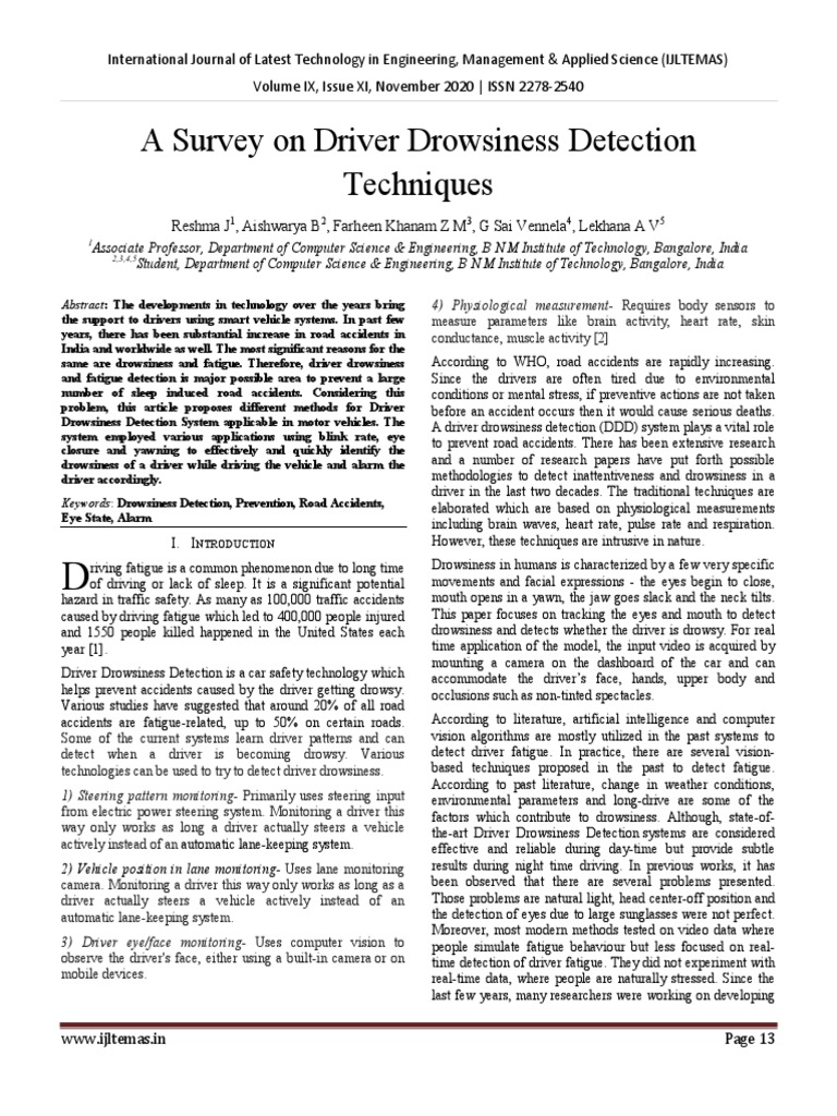 A Survey On Driver Drowsiness Detection Techniques | PDF | Computer Vision