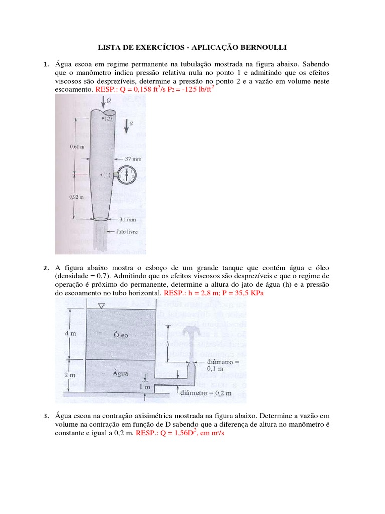 LISTA DE EXERCiCIOS BERNOULLI | PDF | Mecânica dos fluidos | Pressão
