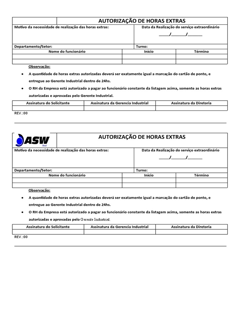 Modelo Autorização Horas Extras - Rev.00 | PDF | Negócios | Finanças e ...