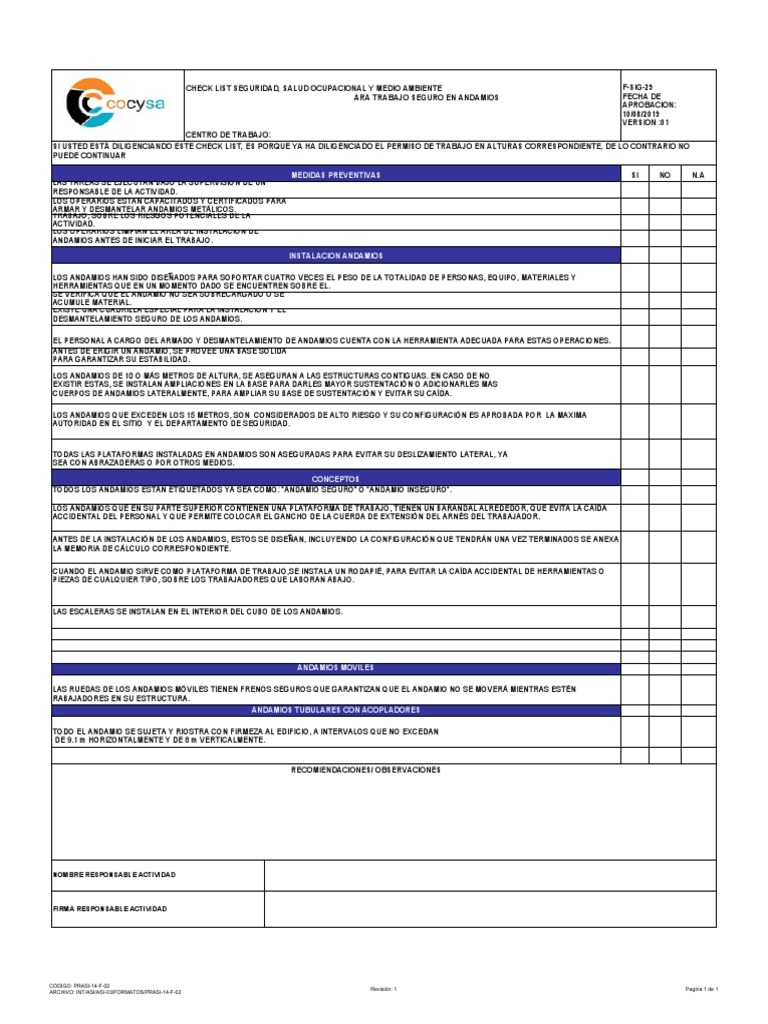 Checklist de Seguridad para Andamios | PDF | Andamio