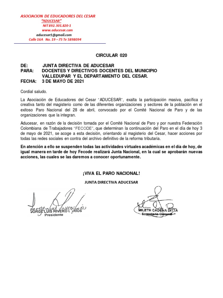 Circular 020 Continuidad Paro | PDF