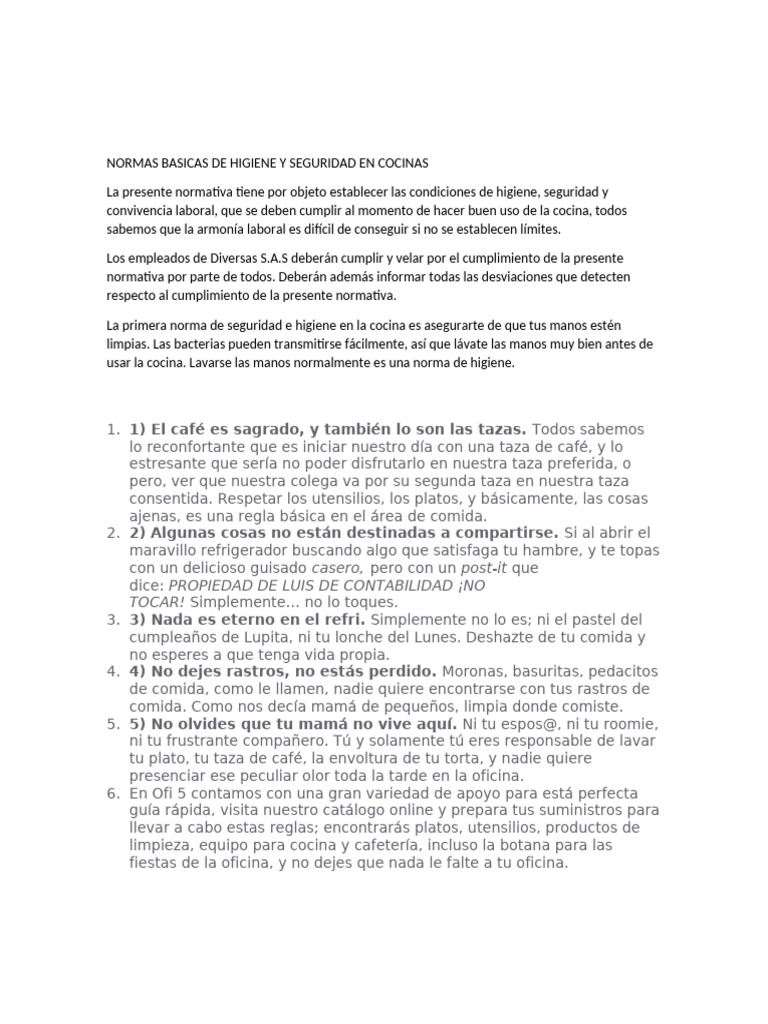 Normas Basicas de Higiene y Seguridad en Cocinas | PDF | Cocina
