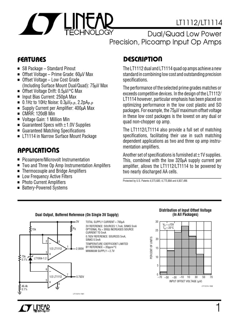 D Escriptio S Feature: LT1112/LT1114 Dual/Quad Low Power Precision, Picoamp Input Op Amps | PDF ...