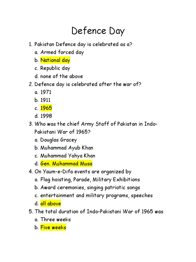Defence Day-Quiz Answers | PDF | History