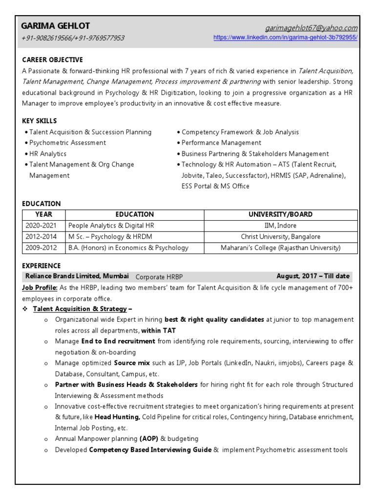 CV - Garima Gehlot - HRBP | PDF | Recruitment | Talent Management