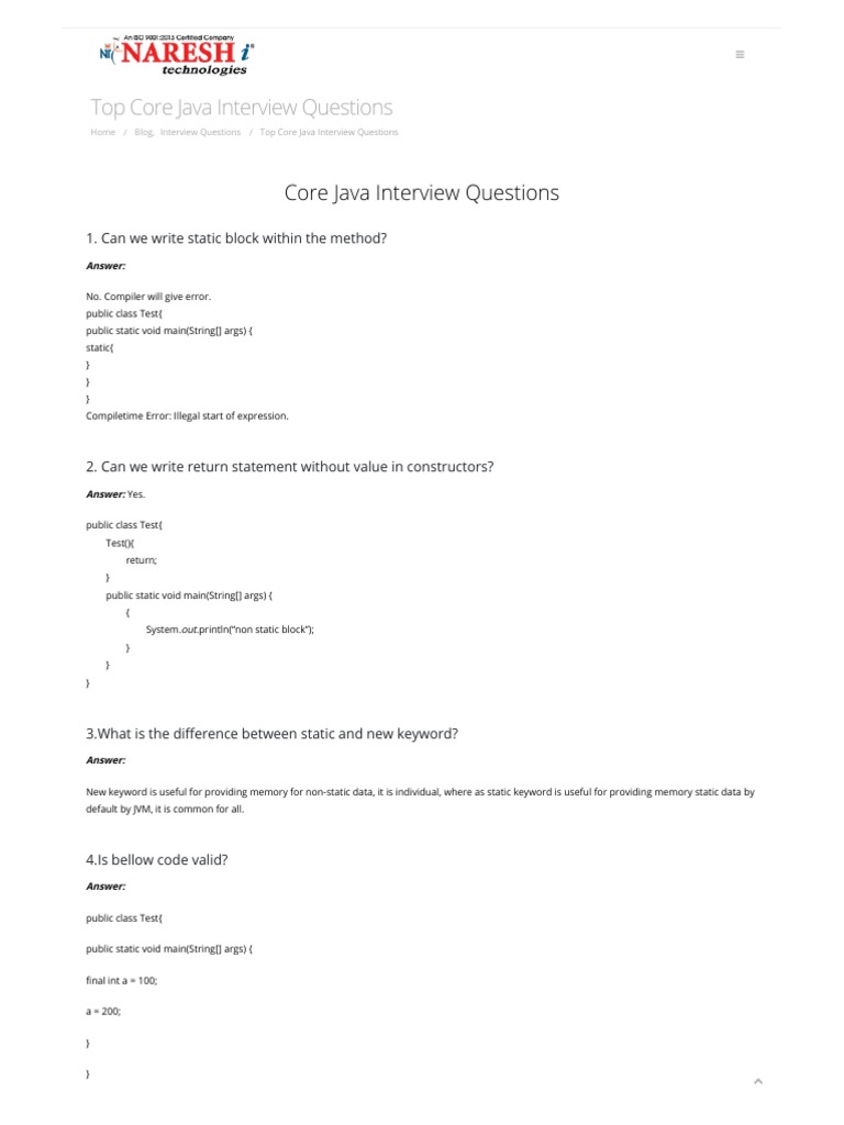 Top 80 Core Java Interview Questions and Answers 2019 NareshIT | PDF | Method (Computer ...