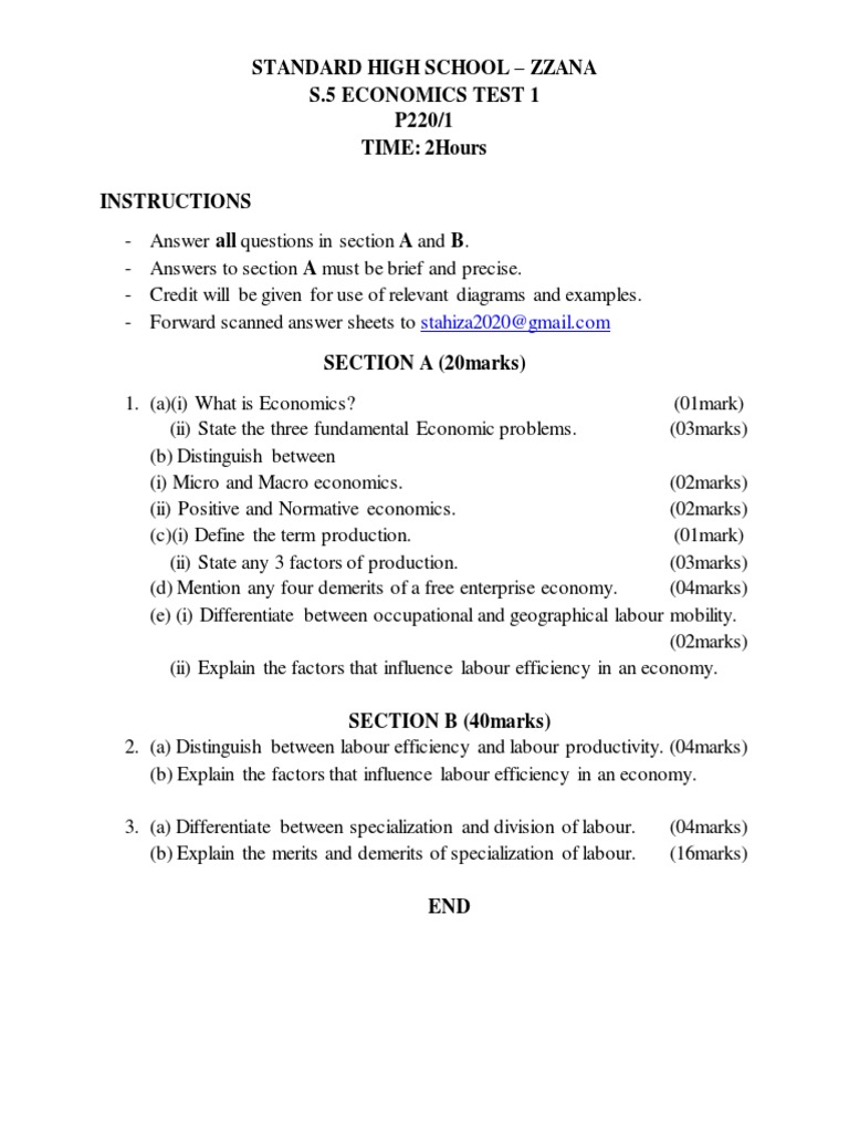 Standard High School - Zzana S.5 Economics Test 1 P220/1 TIME: 2hours ...