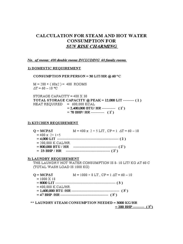 Steam and Hot Water Consumption Calculations | PDF | Water Heating | Boiler
