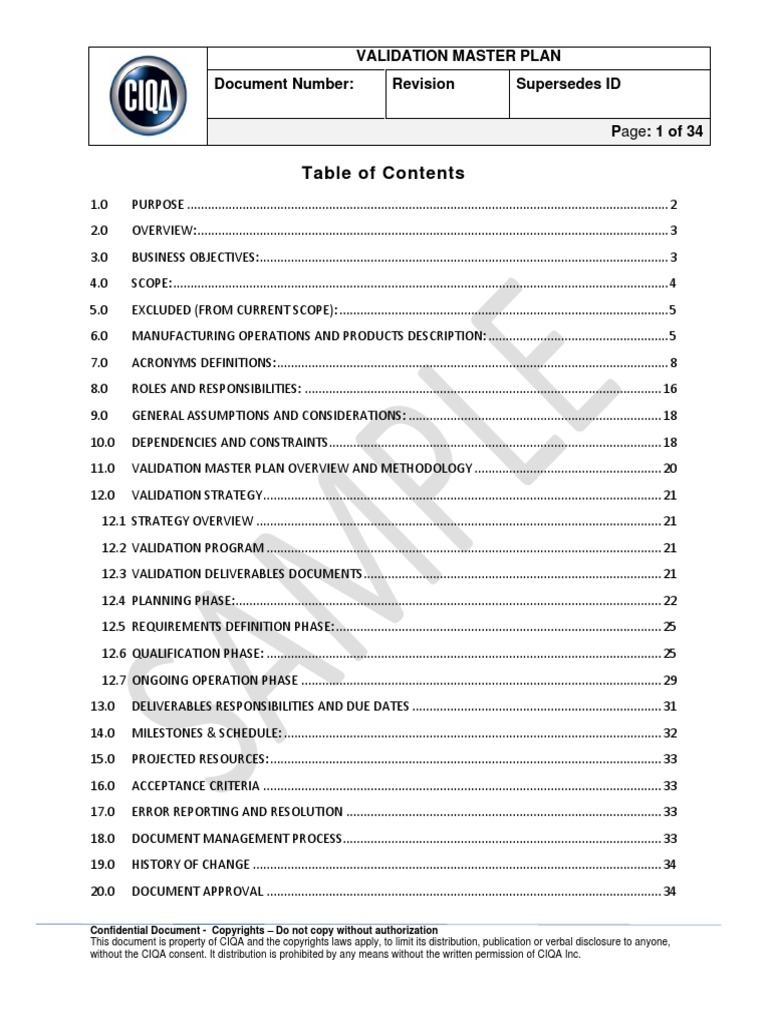 CIQA Validation Master Plan Sample Template | PDF | Verification And ...
